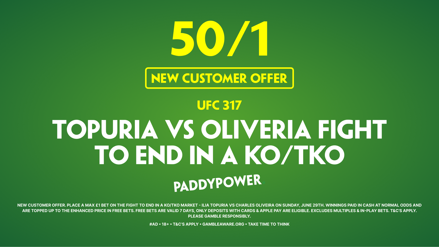 Topuria vs Oliveira fight to end in a KO/TKO @ 50/1: Paddy Power Sign Up Offer! | Footy Accumulators